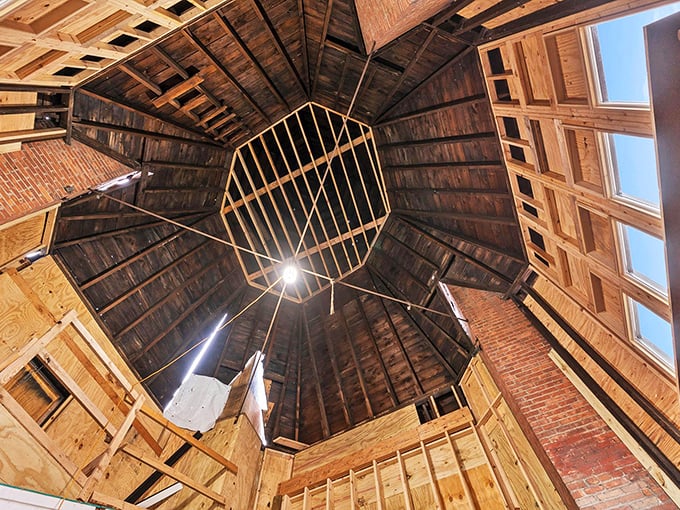 Look up inside one of the turrets and you'll see an octagonal dome that's pure architectural poetry in wood.