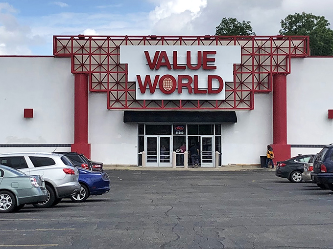 The entrance beckons with its bold signage and promise of treasures within. Your wallet will thank you for answering the call.