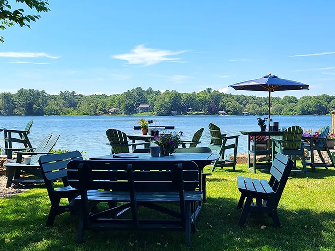 Adirondack chairs positioned for maximum relaxation and minimum effort. Lake views included at no extra charge.