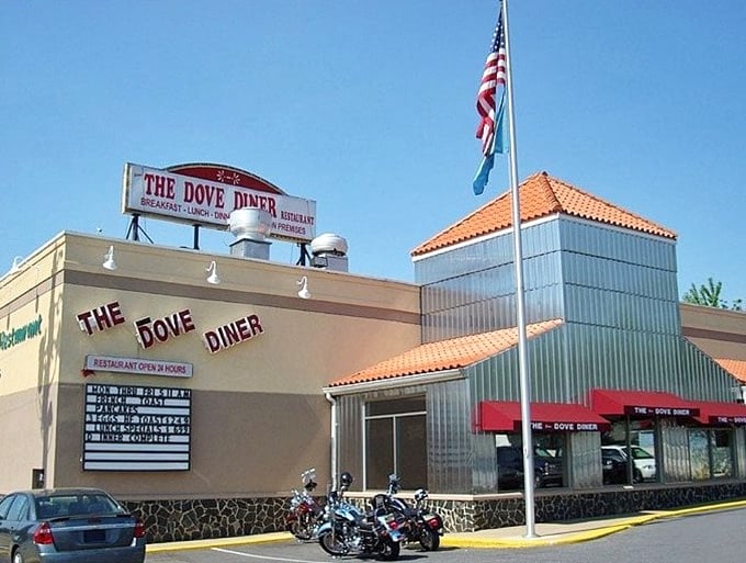 The Dove Diner under clear blue skies&mdash;where motorcycles and sedans share parking spaces and a common love for home fries.