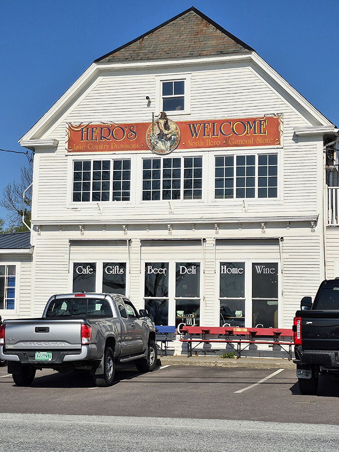 The storefront announces its treasures in simple black and white: Cafe, Gifts, Beer, Deli, Home, Wine. Six perfect reasons to stop the car.