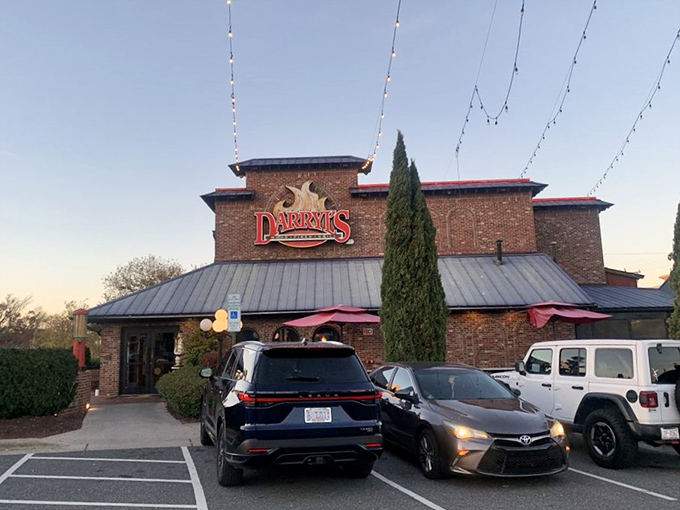 Even the parking lot at sunset has a certain charm, with string lights promising magical dining moments ahead. Your car knows it's about to wait while you feast.