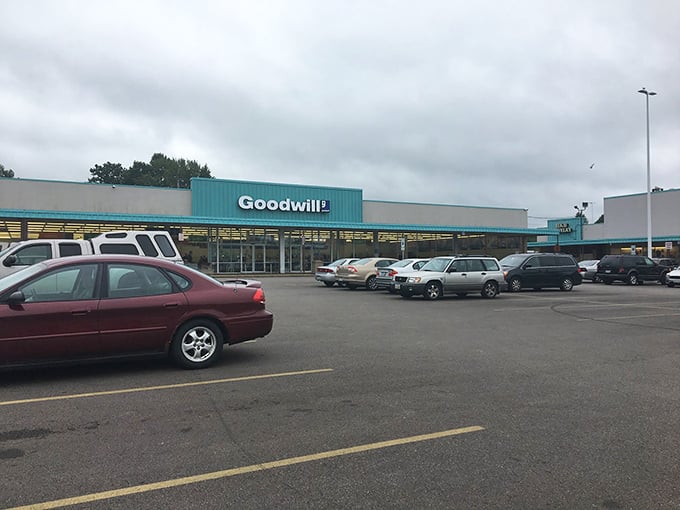 Parking lot pilgrimage site for the bargain faithful. Cars of all makes and models unite under one purpose: the thrill of the thrifted find.