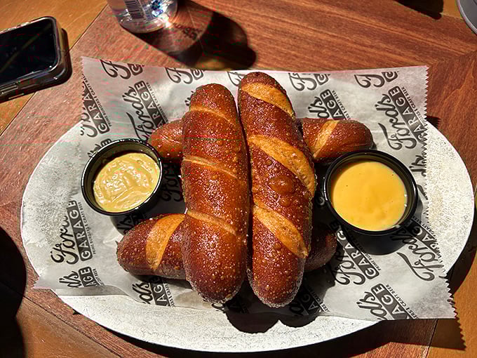 Pretzel sticks that look like they've been working out &ndash; thick, muscular twists of dough with dipping sauces playing supporting roles.
