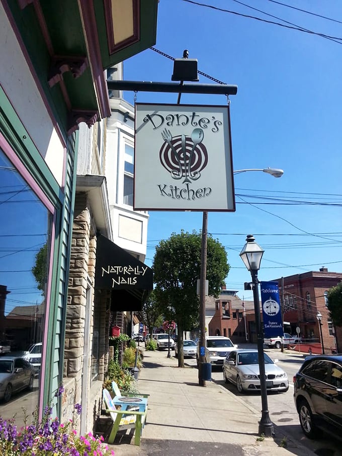 The hanging Dante's Kitchen sign serves as a beacon for breakfast pilgrims searching for their morning salvation on Main Street.
