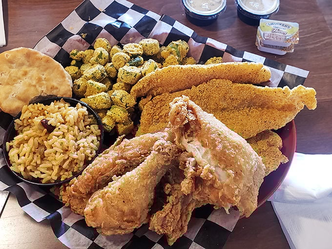 A feast fit for royalty on a checkered throne. This loaded plate proves that sometimes more is exactly the right amount when it comes to comfort food.