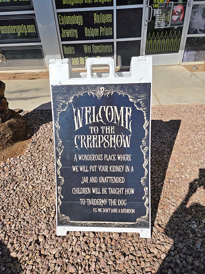 The sidewalk sign's dark humor sets the tone perfectly&mdash;this isn't your grandmother's antique shop (unless your grandmother was Morticia Addams).