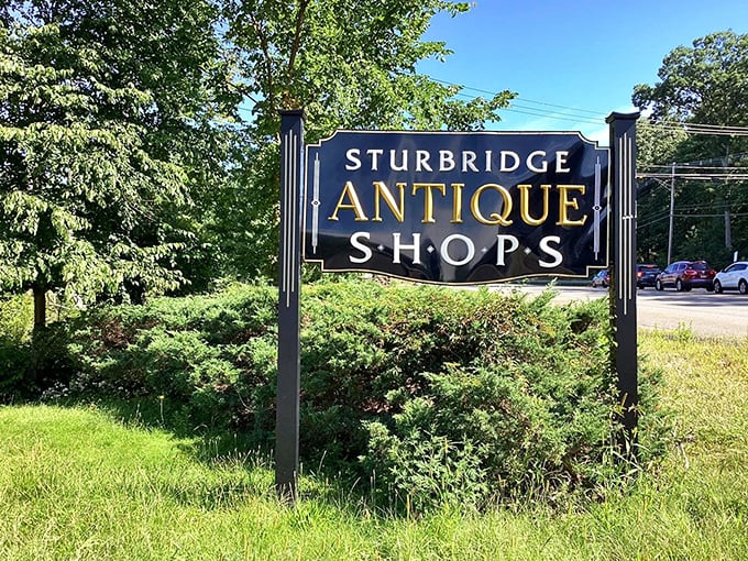 The sign that promises treasures beyond&mdash;like a literary prologue to your antiquing adventure in Sturbridge.