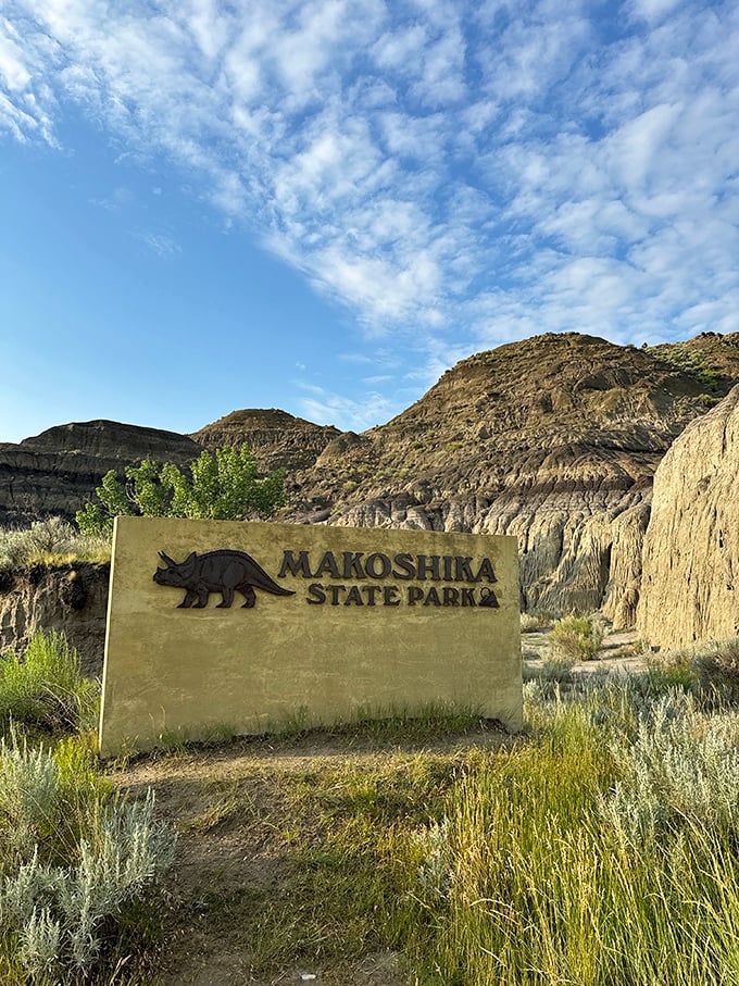The perfect welcome sign doesn't exi— Oh wait, here it is! Complete with Triceratops silhouette against a backdrop that dinosaurs would recognize.
