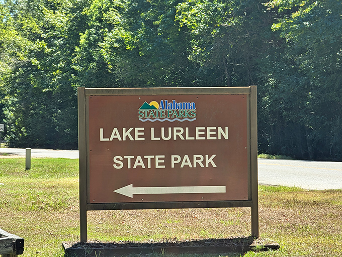 The sign that signals your stress levels are about to drop dramatically&mdash;Lake Lurleen's welcome marker points the way to tranquility.
