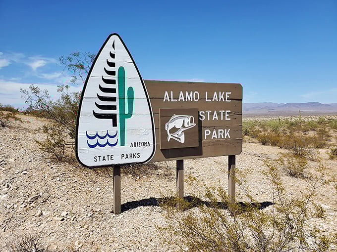 The sign that marks the boundary between ordinary life and desert magic&mdash;complete with a cactus that's seen it all.