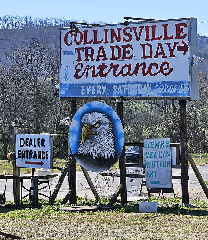 The iconic entrance sign stands sentinel, promising weekly adventures in bargain hunting beneath the watchful gaze of a patriotic eagle.
