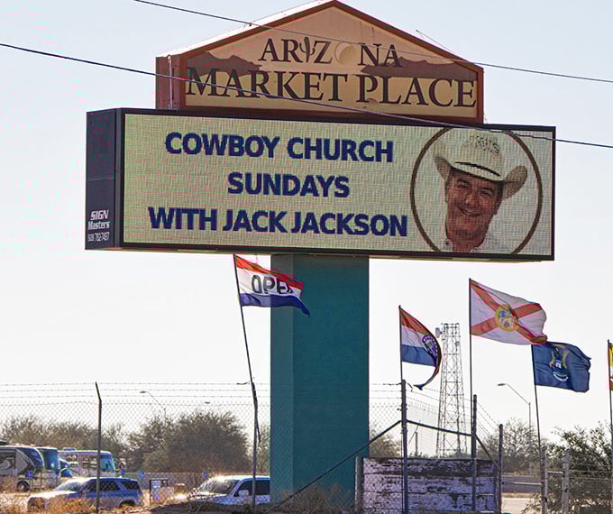 The welcoming sign announces not just a marketplace but a community gathering spot, complete with Sunday services for the spiritually inclined shopper.
