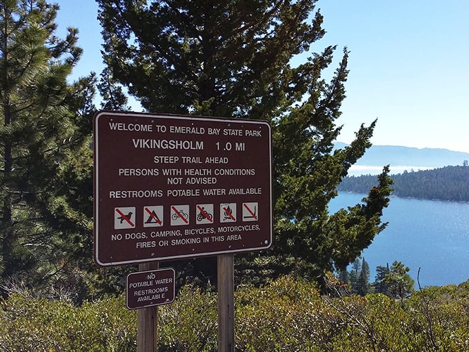 The trailhead sign warning about the steep descent to Vikingsholm &ndash; your knees' way of saying "we'll discuss this later."