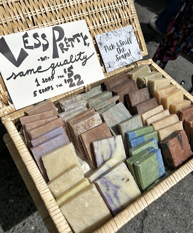 Artisanal soaps stacked like edible art&mdash;though your stomach might be disappointed when your nose realizes these treats are strictly for the shower.