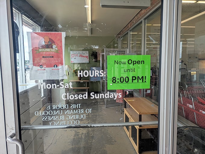 The promise of extended shopping hours—because bargain hunting shouldn't be rushed. Open until 8 PM for those post-work treasure expeditions.