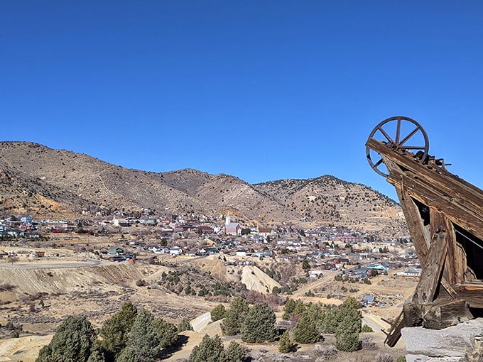 The town sprawls across the mountainside, a testament to human determination and the eternal allure of silver, with church steeples punctuating the skyline.