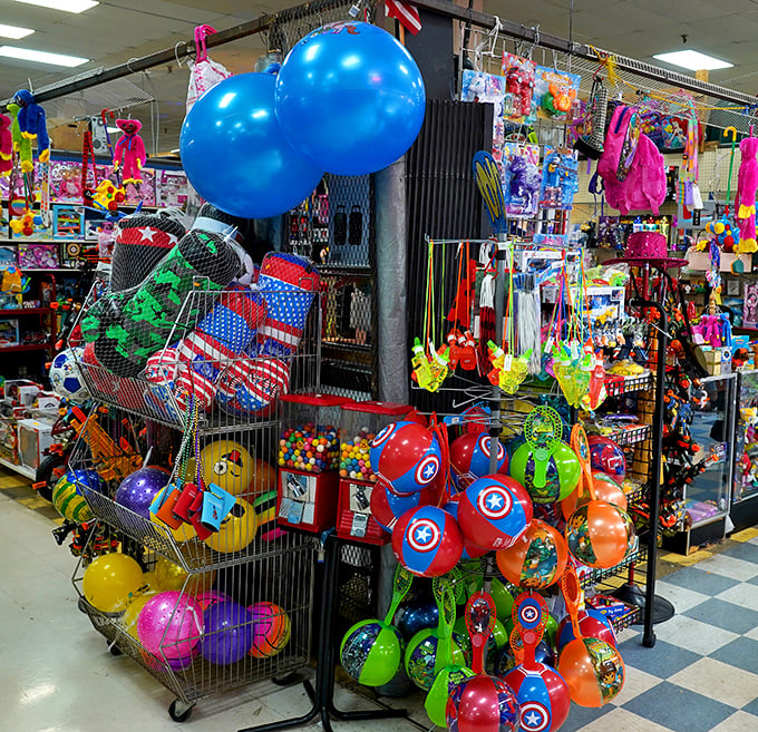 A carnival of toys erupts in a rainbow explosion &ndash; where superhero balls and childhood dreams come at flea market prices.