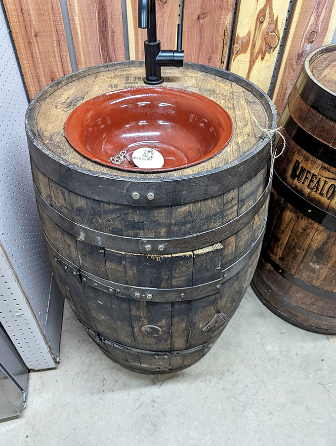 Whiskey barrel reborn as bathroom statement piece—proving that creative repurposing isn't just eco-friendly, it's conversation-starting design at its finest.