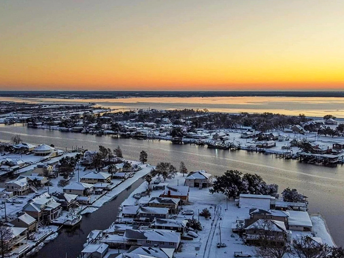 Even on rare snowy days, Jean Lafitte's waterways remain the town's lifeblood, connecting neighbors who measure distance in stories rather than miles.