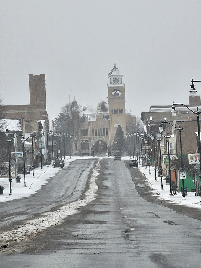 Winter transforms Superior Avenue into a snow globe scene, where locals navigate icy streets with the casual confidence of UP veterans.