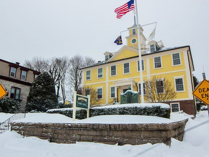 Winter blankets Town Hall in snow, transforming East Greenwich into a scene worthy of the most coveted New England calendar.
