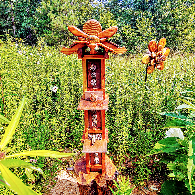 A bee hotel that puts most human accommodations to shame. Five-star luxury for our buzzing friends, complete with wooden flower room service.