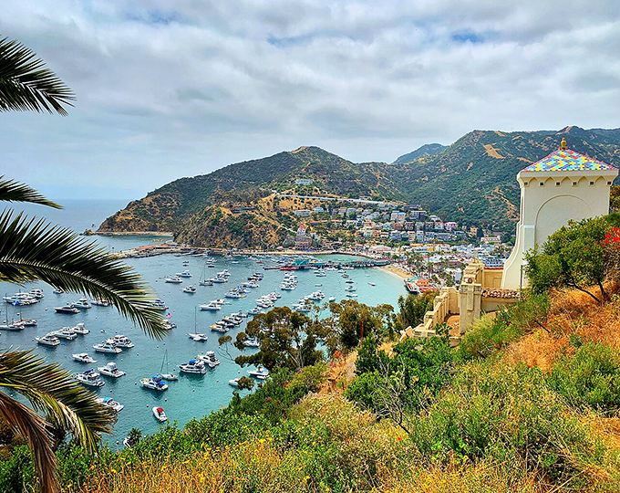 Avalon's harbor sparkles with boats while the famous Casino building watches over island life.