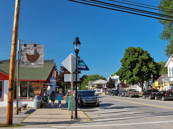 The main street of Bellaire welcomes visitors with its small-town charm and locally-owned businesses.