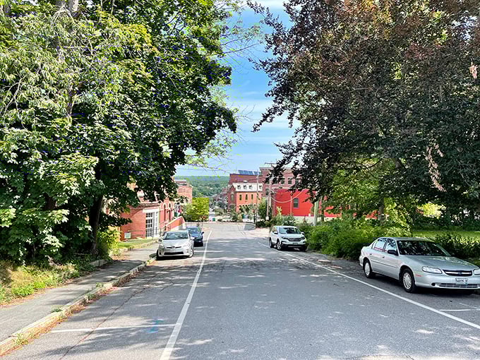 A peaceful street in Belfast slopes gently toward the harbor, where historic brick buildings stand sentinel over daily life.