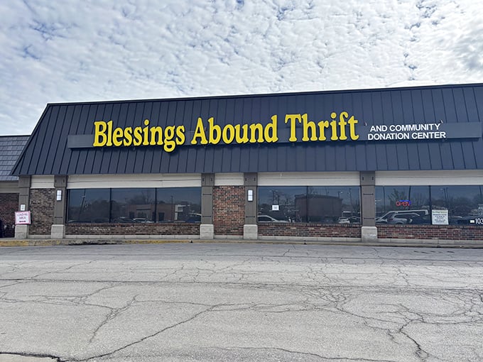 The bright yellow sign of Blessings Abound promises a treasure hunt inside. Like a beacon for bargain lovers!