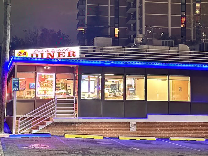 Bob & Edith's neon glow beckons night owls and early birds alike. This 24-hour Arlington institution promises comfort food that never sleeps.
