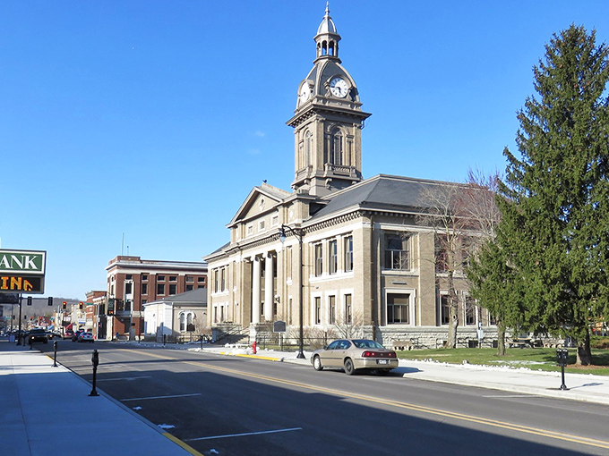 Brookville's historic courthouse stands like a dignified elder statesman, keeping watch over the town with its impressive clock tower.