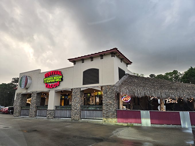Festival Tacos' stone facade and thatched patio roof promise a fiesta for your taste buds. Like finding Canc&uacute;n in Louisiana!