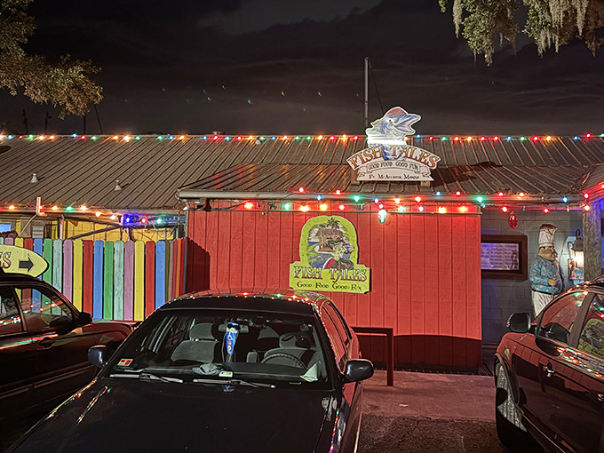 Fish Tales lights up the night like a coastal carnival, promising seafood treasures under those twinkling bulbs.