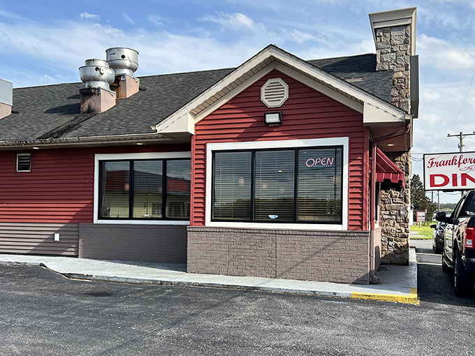 The welcoming red exterior of Frankford Family Diner beckons like a lighthouse for the breakfast-starved. Classic roadside charm at its finest!