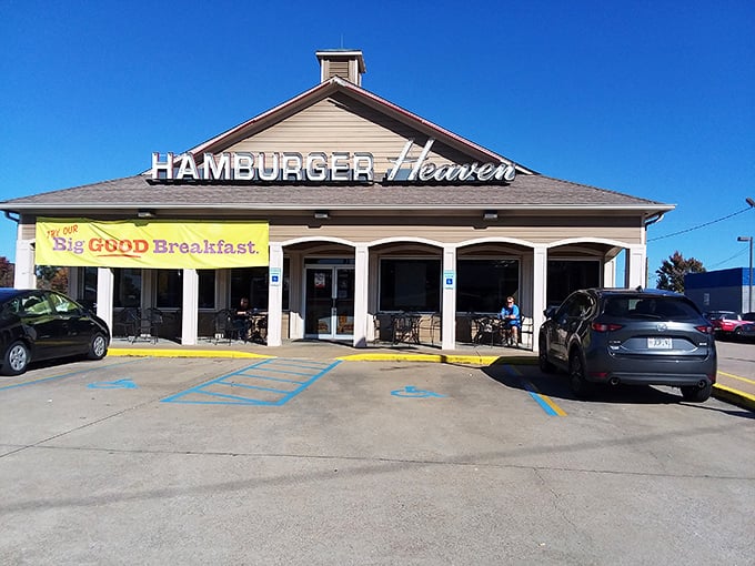 Hamburger Heaven's charming country-house exterior promises heavenly burgers inside. That blue sky seems to approve!