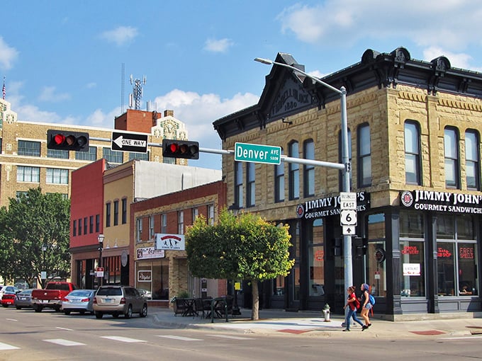 Historic downtown Hastings showcases beautiful brick buildings and charming storefronts along Denver Avenue.