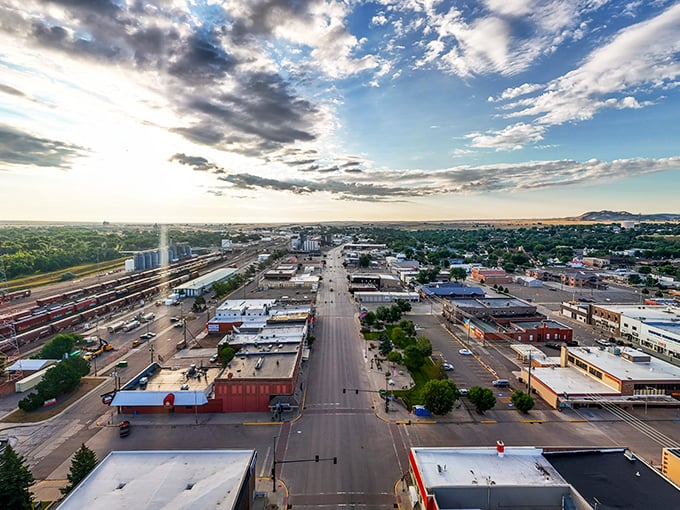Downtown Havre stretches toward the horizon, where historic brick buildings meet big Montana sky in perfect small-town harmony.