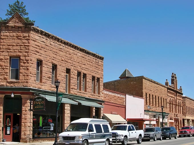 Historic sandstone buildings line Hot Springs' Main Street, where time seems to slow down just enough to notice life's simple pleasures.