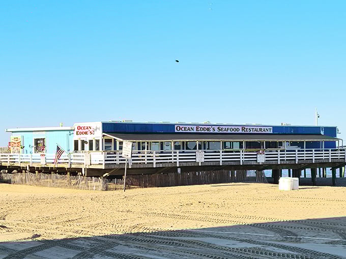 Ocean Eddie's perches on stilts above the sand like a blue beacon of seafood salvation, promising ocean views with every bite.