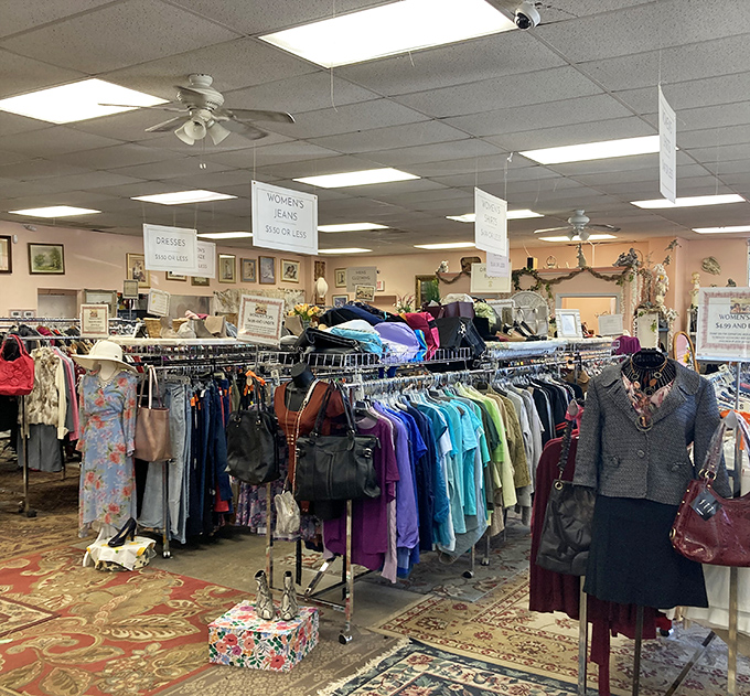 Racks of colorful treasures await at Palmetto Thrift Store, where yesterday's fashion becomes today's fabulous finds.