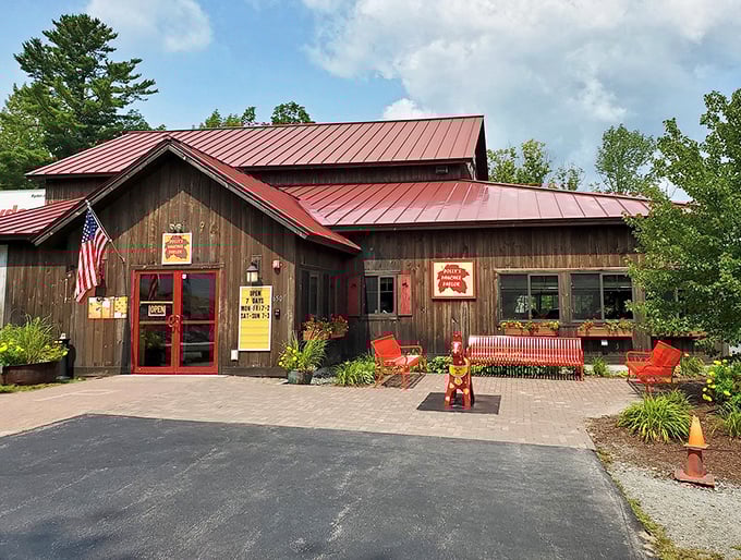 Polly's Pancake Parlor welcomes you like an old friend. This rustic wooden haven with its red door promises maple-scented memories in the making.