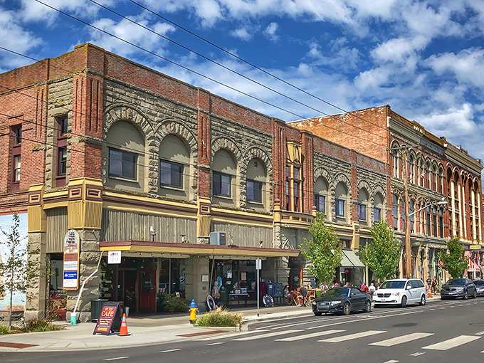 Historic brick buildings line Port Townsend's main street, where Victorian charm meets Pacific Northwest cool.