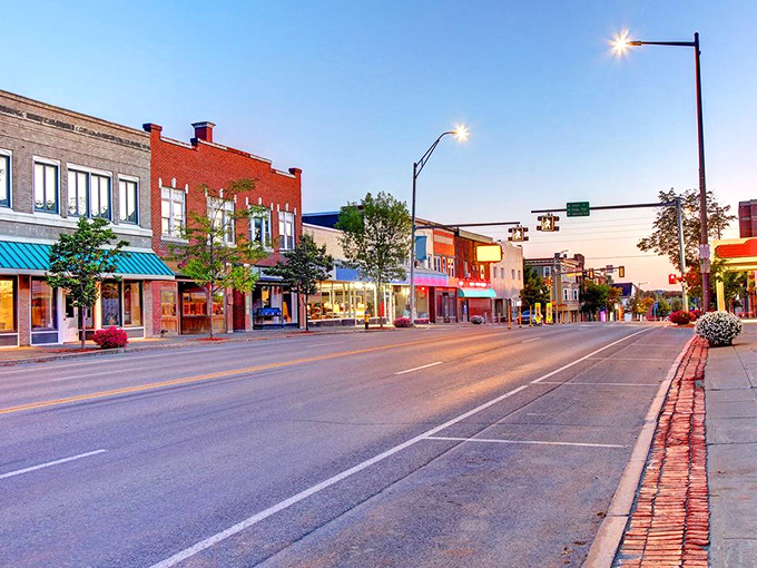 Presque Isle's Main Street at dusk&mdash;where the streetlights glow like birthday candles on a small-town cake.
