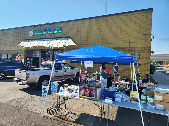 The treasure hunt begins! Second Chance's yellow brick exterior houses a wonderland of home improvement bargains waiting to be discovered.