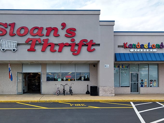 Sloan's Thrift welcomes bargain hunters with its bold red signage – a siren call to treasure seekers everywhere.