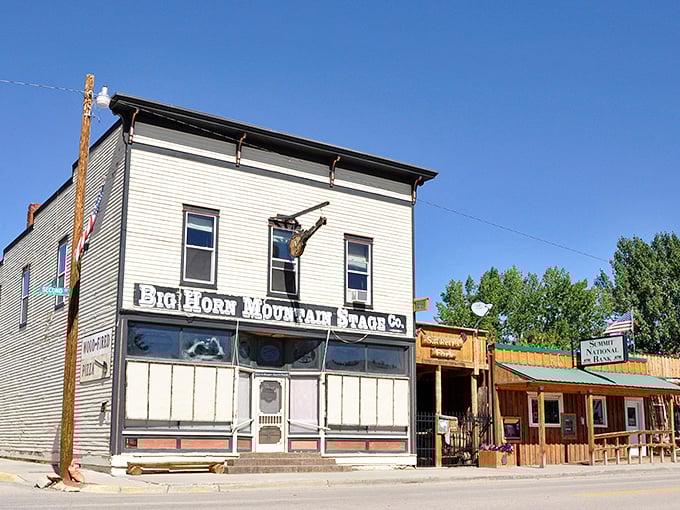 Historic storefronts in Ten Sleep whisper tales of Wyoming's past, where the Big Horn Mountain Stage Co. building stands as a timeless sentinel.