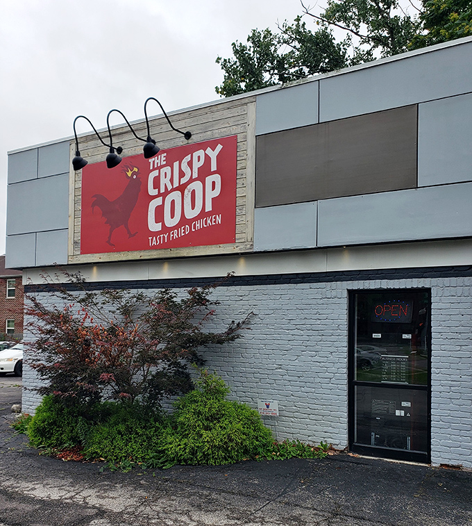 The Crispy Coop's bold red sign promises exactly what you'll get &ndash; gloriously crunchy chicken that's worth every calorie.