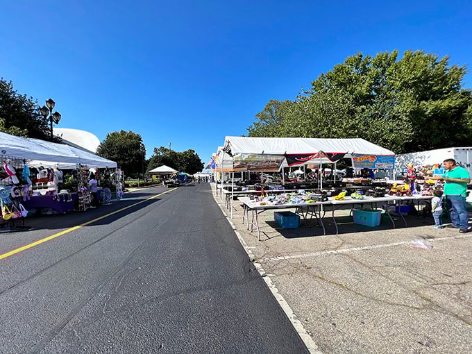 Treasure hunting paradise! Rows of vendor tables stretch into the distance at The Raleigh Market, where one person's castoffs become another's treasures.